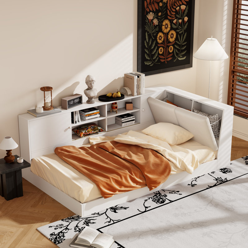 Lark Manor L shaped Twin Corner Bed with Linen Upholstered Headboard Hidden Storage compartments Built In Charging Station Low to Ground Design Wayfair